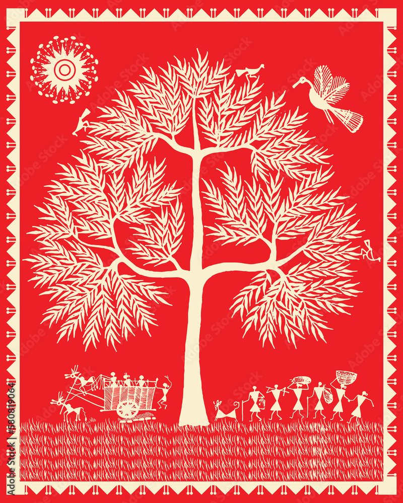 Vetor de Bull car, Tree, bird real life shown in Warli painting. Modern ...