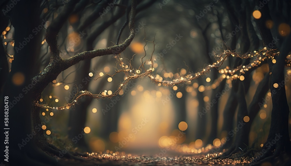 a path through a forest filled with lots of trees covered in lightening ...