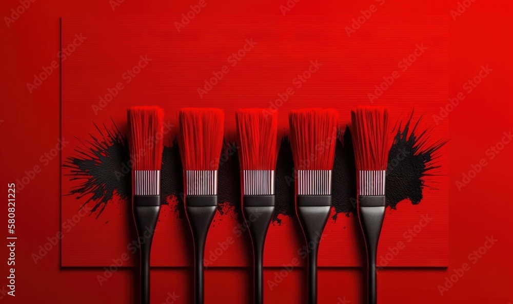 five brushes lined up in a row on a red background with a red rectangle ...
