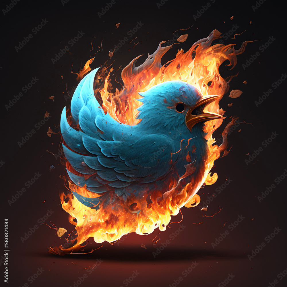 Flaming Twitter Icon Blue Bird Logo Fire Burning Generative AI 3d ...