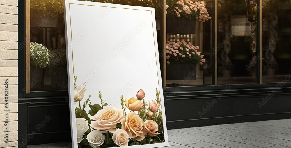 street outdoor view of a generic flower or roses shop display welcome ...