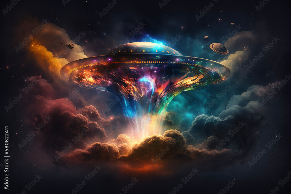 UFO Spaceship Flying Saucer Alien Beaming to Earth Landscape Smoke ...