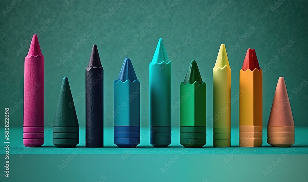 a row of different colored crayons on a green background with a blue ...