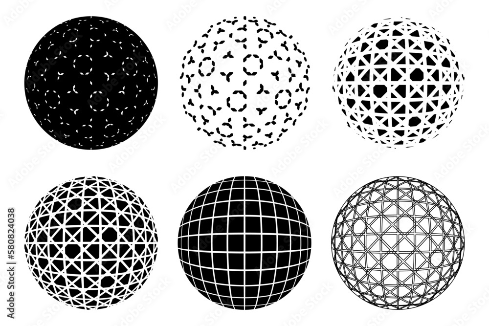 Set of abstract decorative spheres with geometric pattern isolated. 3D style dashed Abstract ...