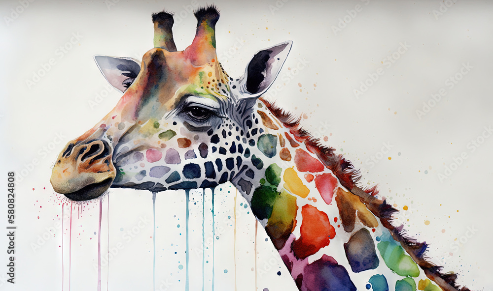 a painting of a giraffe's head with watercolor spots on it's face and ...