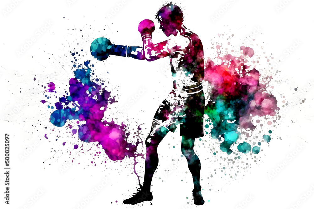 Sporty man during boxing with watercolor splash, sticker. Neural ...