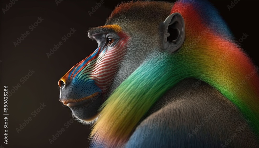 a monkey with a multicolored face and a black background with a black ...