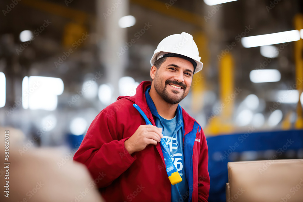 Candid portrait of a smiling American factory worker wearing hard hat ...