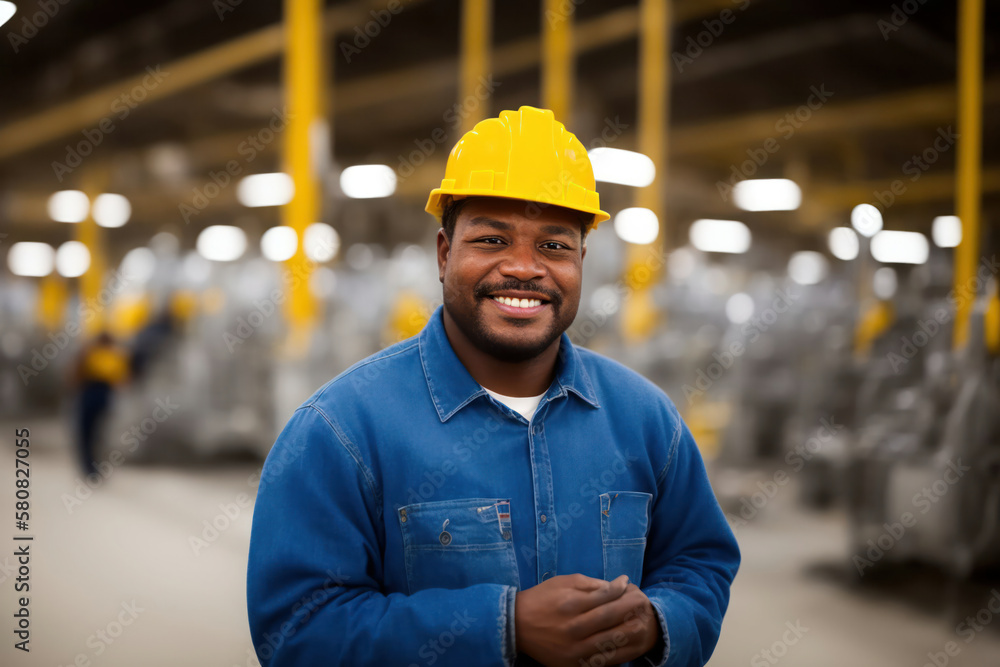 Candid portrait of a smiling African American factory worker wearing ...