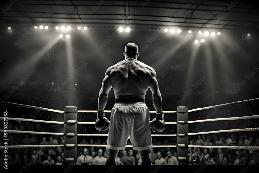 Professional boxer fighting on the grand arena panorama view. Neural ...