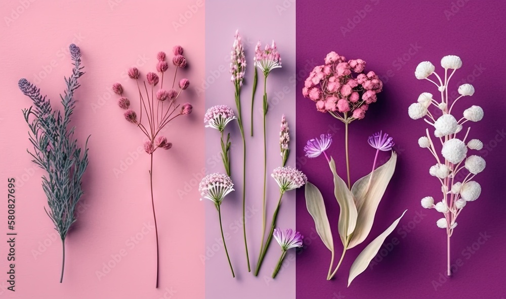 four different types of flowers on a pink and purple background, each ...