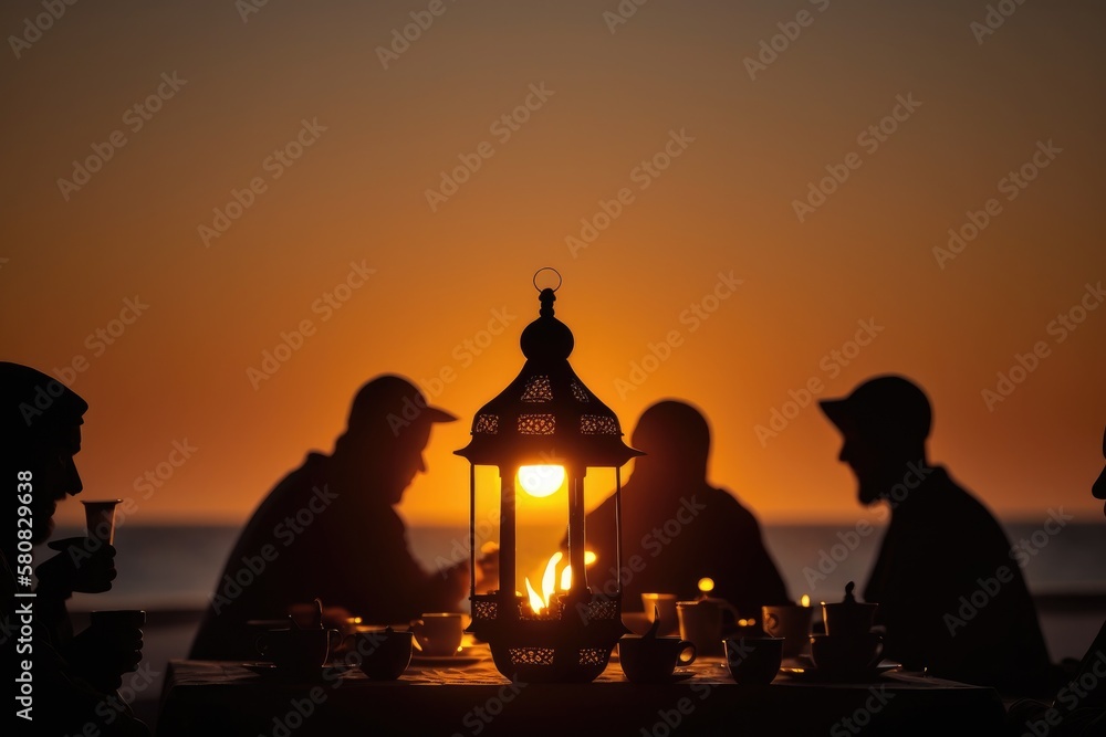Silhouette Muslim man and woman making a supplication (salah)sitting on ...