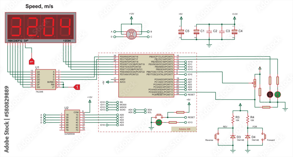Schematic diagram of electronic device with motor on arduino. Vector ...