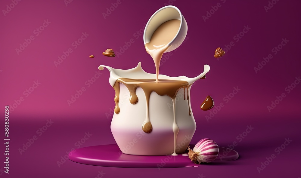 a spoon pouring milk into a cup with a shell on the side and a shell on ...