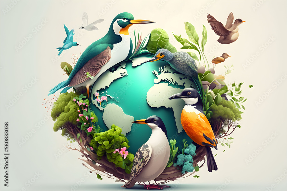 World environment and earth day concept with globe, nature, birds and ...