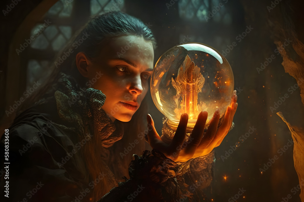 The witch with magic ball in her hands causes a spirits in cave. Neural ...