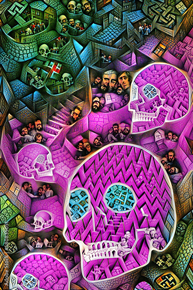Geometrical skulls with abstract building and stairs rainbow texture ...