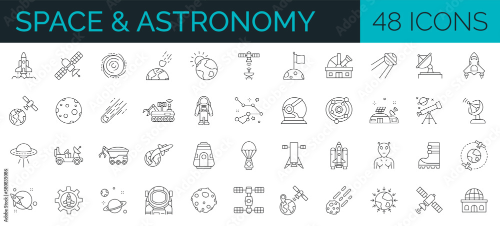 Set of 48 icons related to space and astronomy and astrology. Outline ...