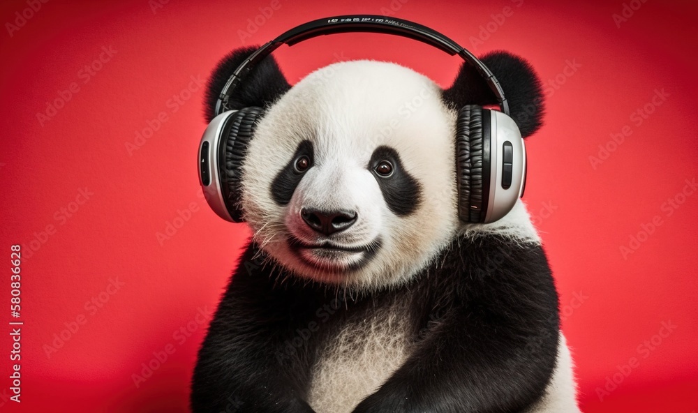 a panda bear wearing headphones and looking at the camera on a red ...