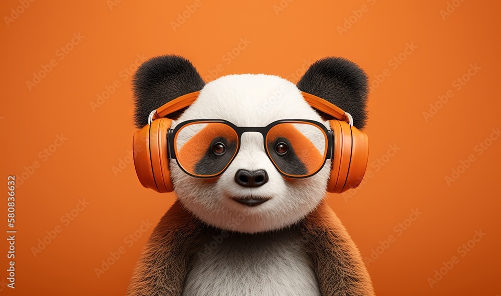 a panda bear wearing headphones and glasses with an orange background ...