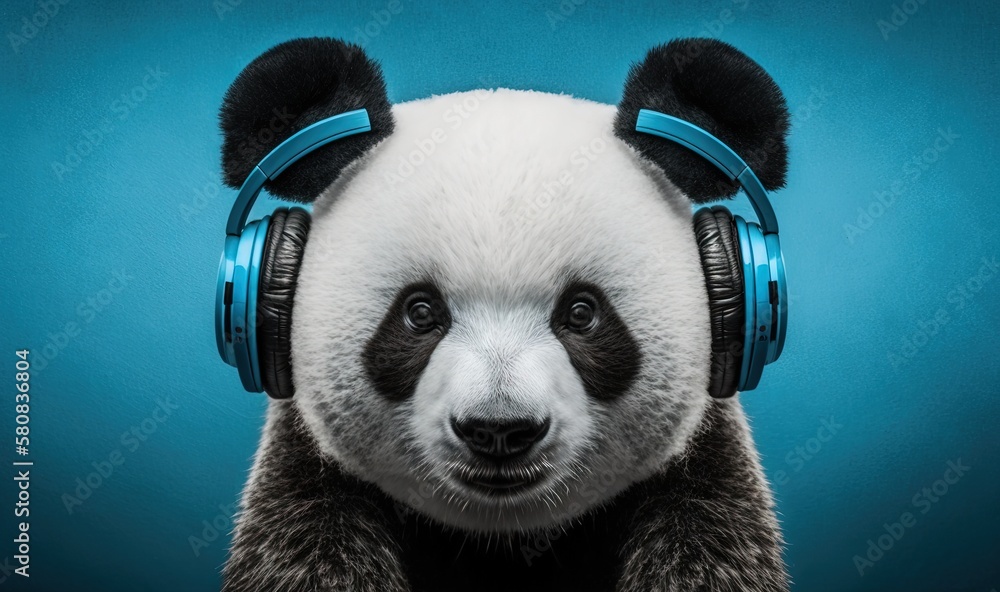 a panda bear wearing headphones and looking at the camera with a sad ...