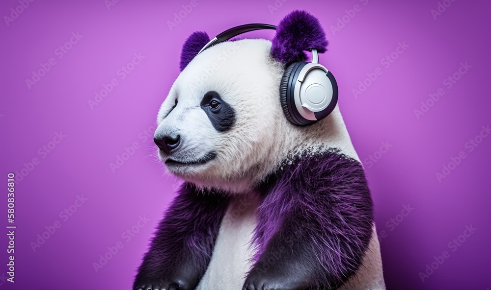 a panda bear with headphones on its ears is sitting on a purple ...