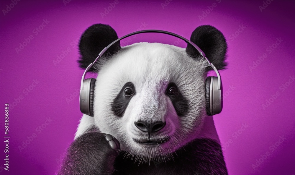 a panda bear with headphones on its ears and a purple background with a ...