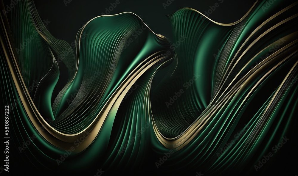 a green and gold abstract background with wavy lines on a black ...