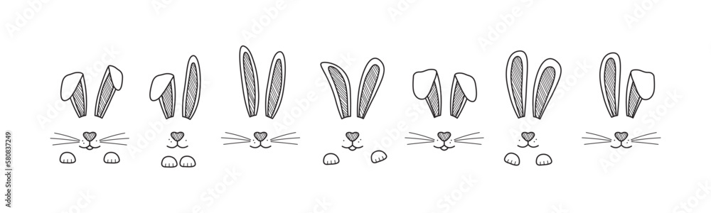 Easter bunny face, rabbit ear with paw, whisker. Doodle hare, black ...
