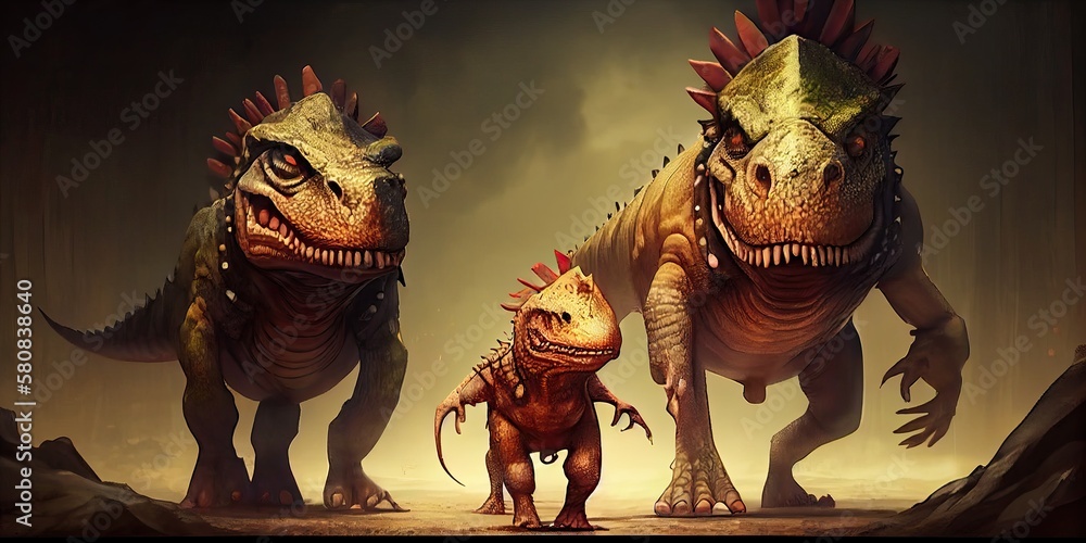 Scary raptor dinosaur family with parents and brood, generative ai ...