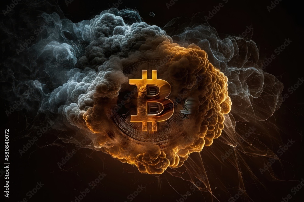 Bitcoin with glowing lights and smoke. Gold symbol on black background. AI generation Stock ...