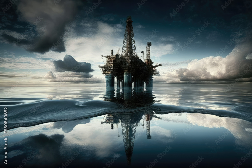 a derelict and abandoned oil platform or gas rig in the sea. Generative ...