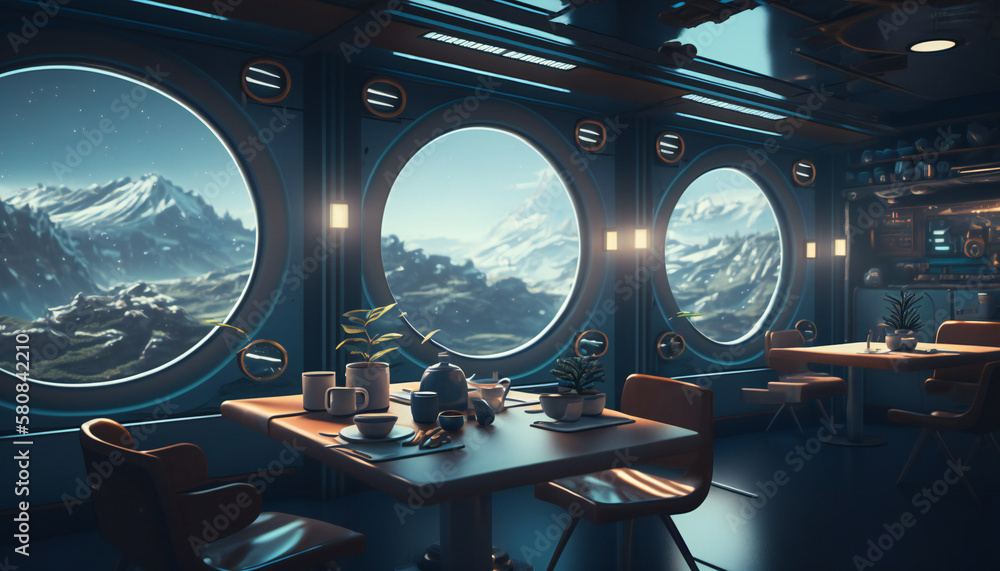 Canteen in Space station with a view into space - Space wallpaper ...