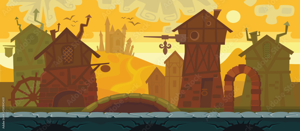 Background for computer game, medieval city. Seamless background ...