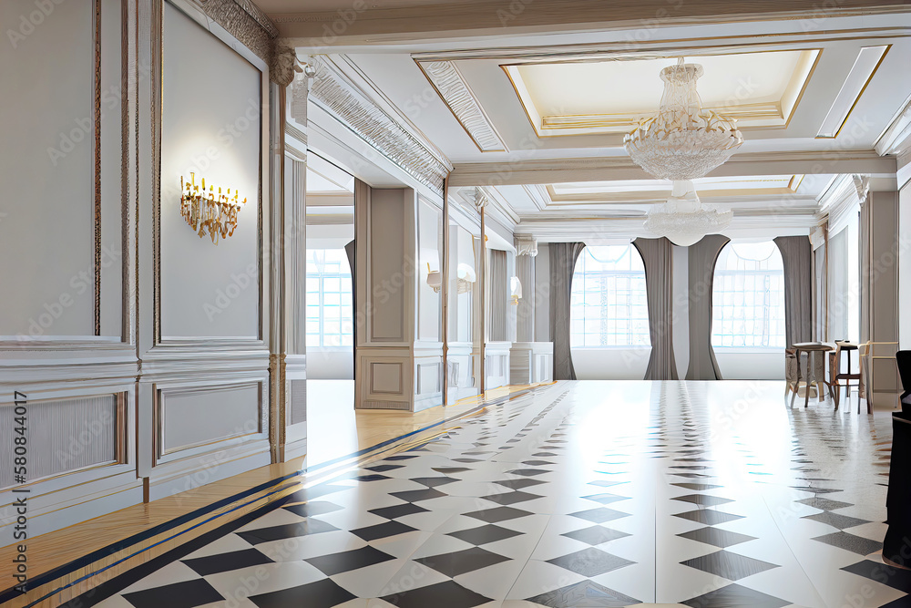Bright classical ballroom as digital interior design illustration ...