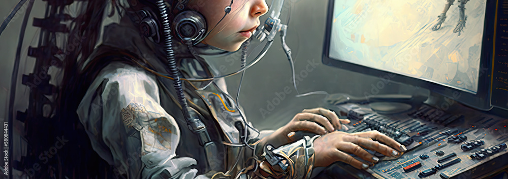 illustration of a child with a helmet at the computer from the future ...