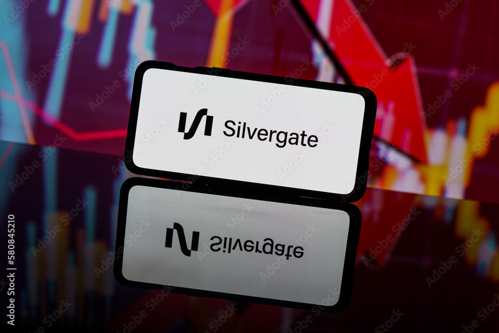 Silvergate Bank logo in red background. Bank collapse. Bank bankrupt ...