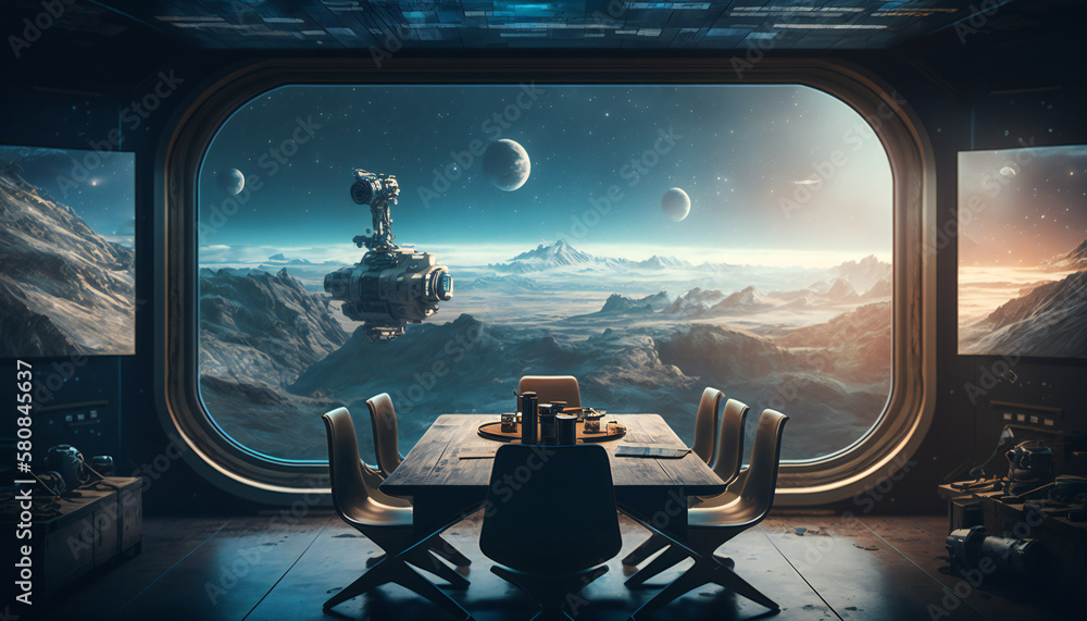 Meeting room in Space station with a view into space - Space wallpaper ...