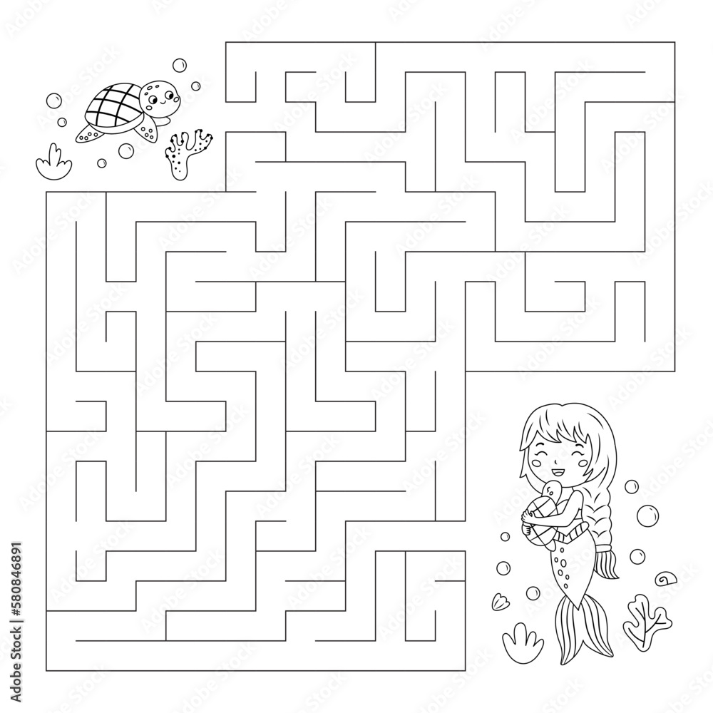 Coloring page with maze. Labyrinth game. Help the turtle find the way ...