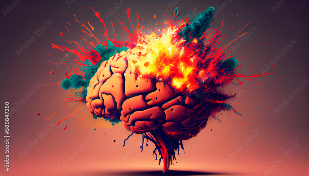 Concept art of a human brain exploding with knowledge and creativity ...