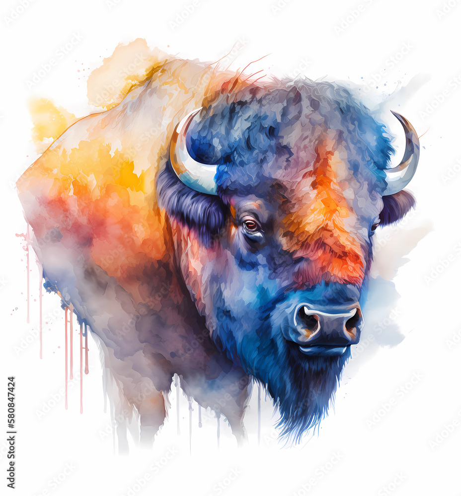 Watercolor colorful bison face painting. Realistic wild animal ...