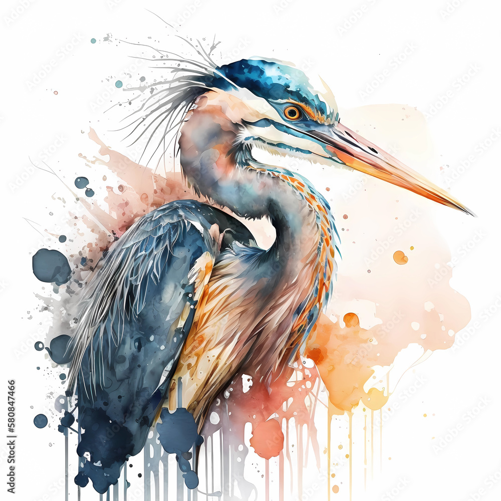 Watercolor blue heron painting. Realistic bird illustration. Created ...