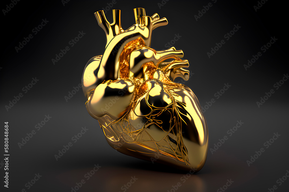 golden human heart, anatomically shaped heart made of gold or yellow ...