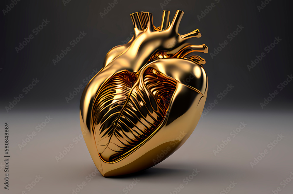 golden human heart, anatomically shaped heart made of gold or yellow ...