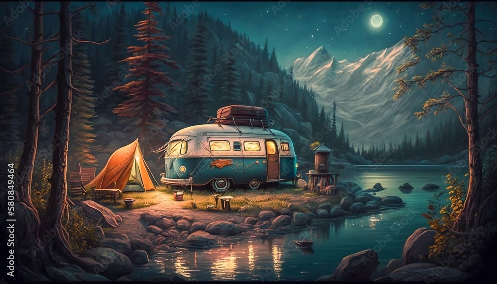 Recreational rv camping on open landscape forest mountains, campfire ...