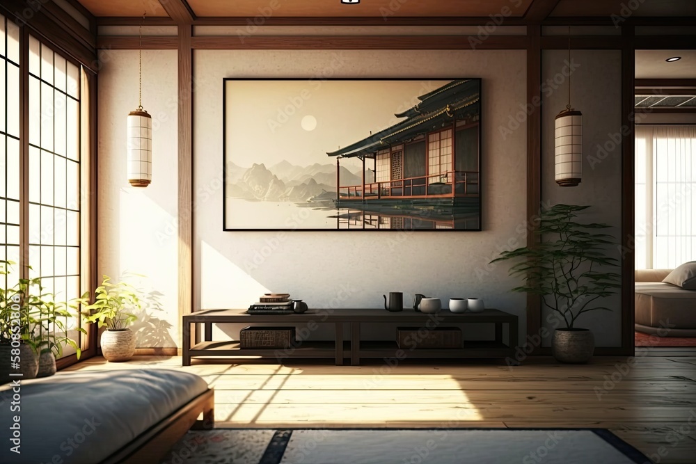 Japanese style room interior with canvas on the wall. Frame layout with ...