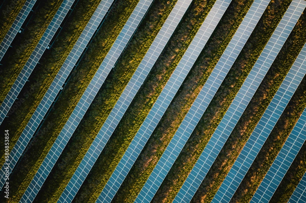 Solar panel rows aerial view. Photovoltaic panels farm from the sky ...