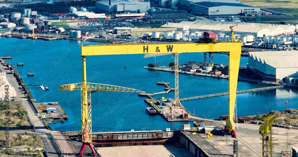 Aerial view of Samson and Goliath Cranes in Harland and Wolff Shipyard ...