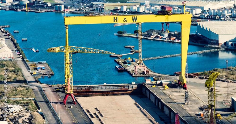 Aerial view of Samson and Goliath Cranes in Harland and Wolff Shipyard ...