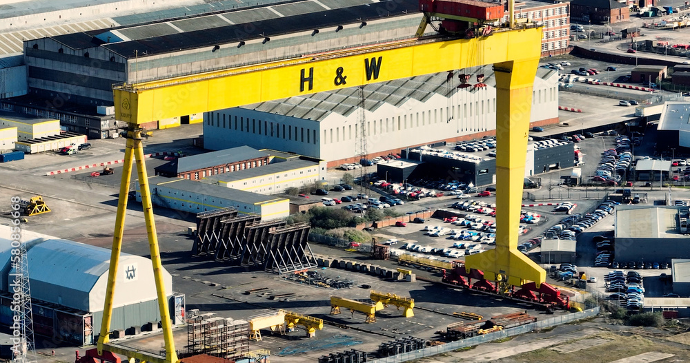 Aerial view of Samson and Goliath Cranes in Harland and Wolff Shipyard ...